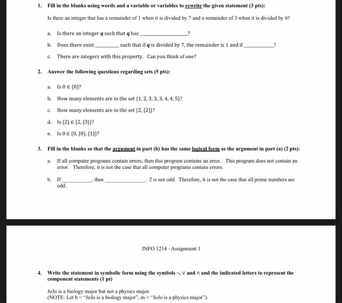 Solved 1. Fill in the blanks using words and a variable or | Chegg.com