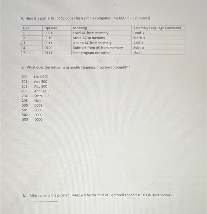Solved 4. Here is a partial list of OpCodes for a simple | Chegg.com