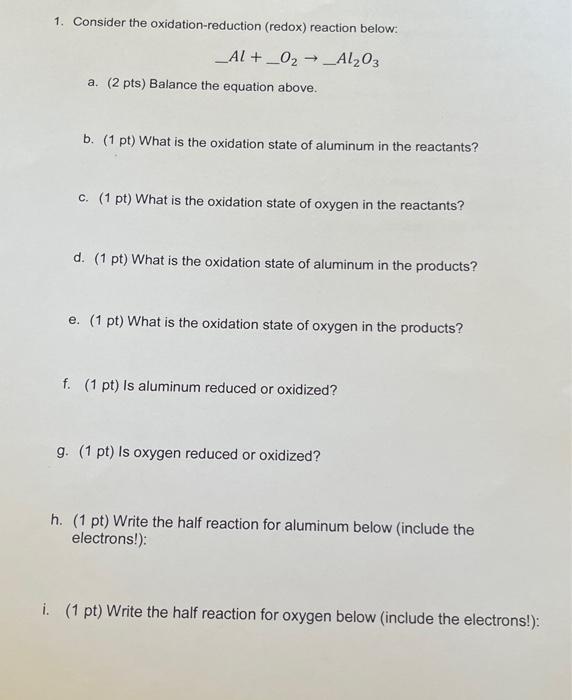 1. Consider the oxidation-reduction (redox) reaction | Chegg.com
