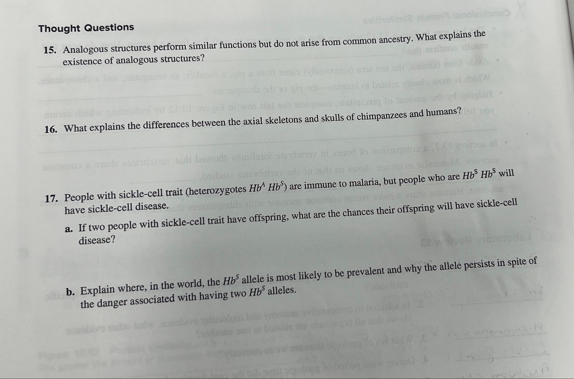 Solved Thought Questions15. ﻿Analogous structures perform | Chegg.com