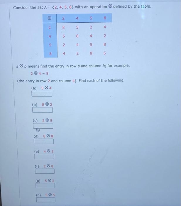 Solved Consider the set A={2,4,5,8} with an operation ⊗ | Chegg.com