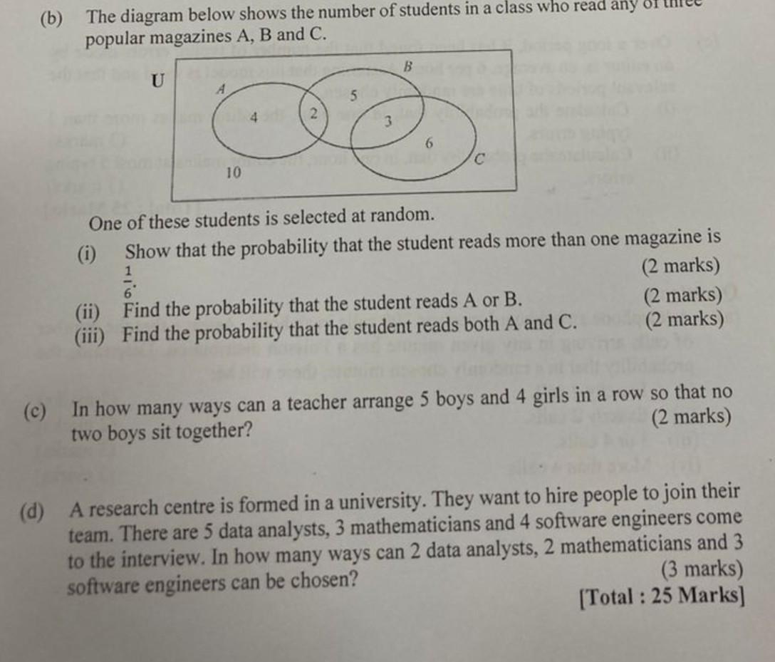 Solved (b) The diagram below shows the number of students in | Chegg.com