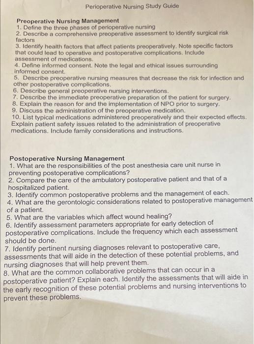 Solved Perioperative Nursing Study Guide Preoperative | Chegg.com