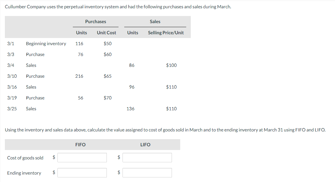 Solved Cullumber Company uses the perpetual inventory system | Chegg.com