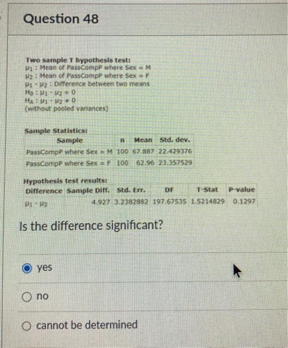Solved Two Sample T Hypothesis Test φ1 Mean Of Passcompp 2757