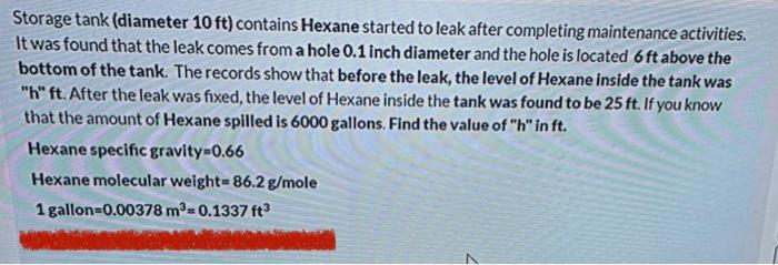 Solved Storage tank (diameter 10 ft) contains Hexane started | Chegg.com