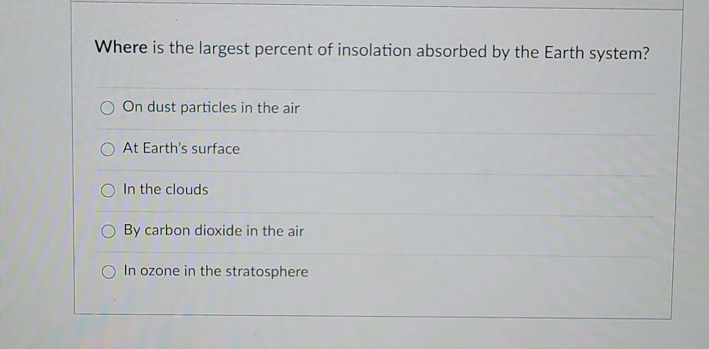 Solved Where is the largest percent of insolation absorbed | Chegg.com
