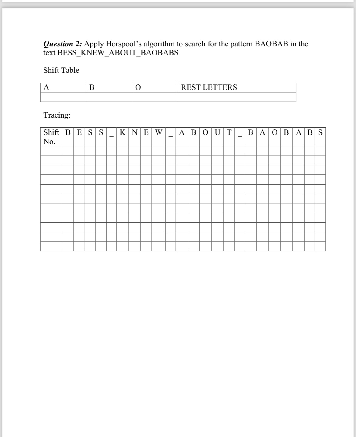 Solved Question 2: Apply Horspool's algorithm to search for | Chegg.com