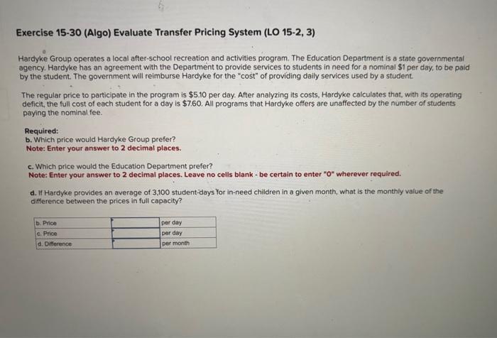 Solved Exercise 15-30 (Algo) Evaluate Transfer Pricing | Chegg.com