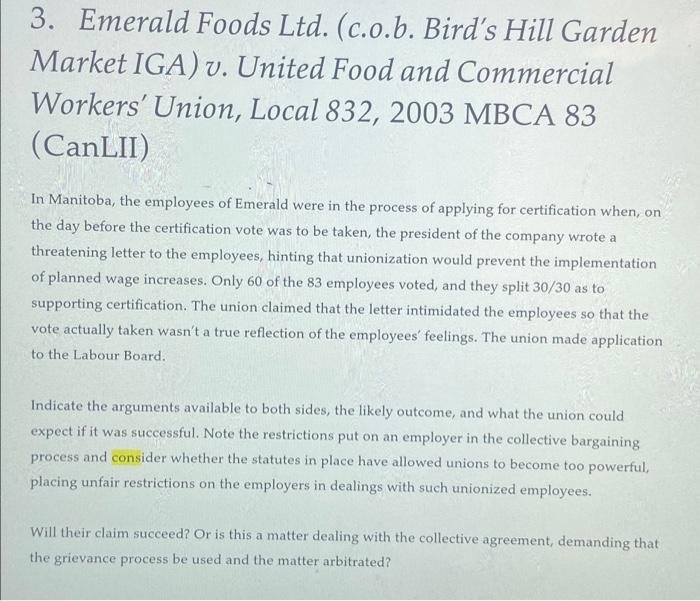 Solved 3. Emerald Foods Ltd. (c.o.b. Bird's Hill Garden | Chegg.com