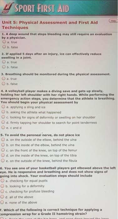 Solved SPORT FIRST AID ASEP Help Unit 5: Physical Assessment | Chegg.com