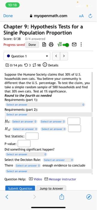 Solved 10:18 Done myopenmath.com АА С Chapter 9: Hypothesis | Chegg.com