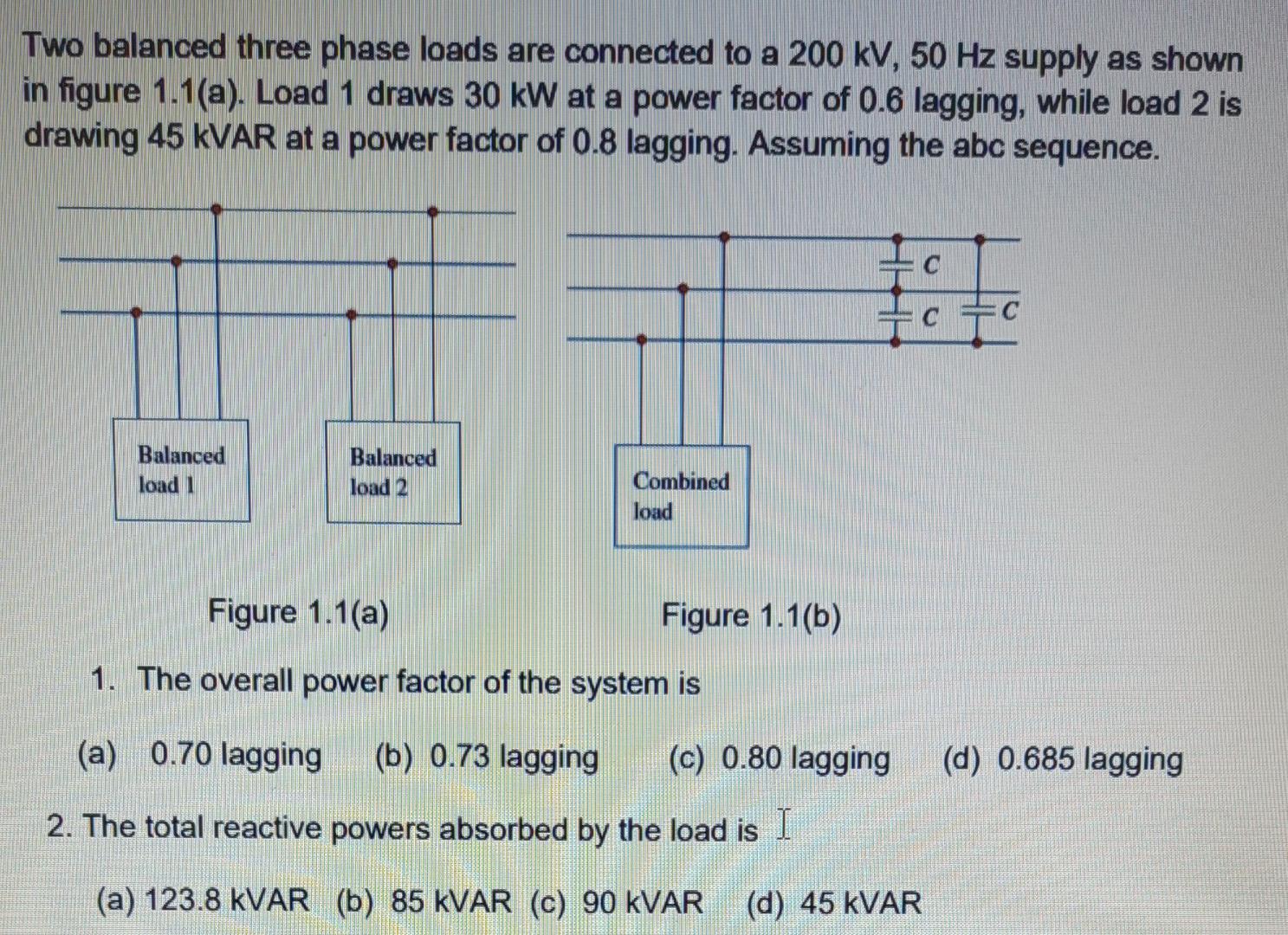 Solved Two balanced three phase loads are connected to a 200 | Chegg.com