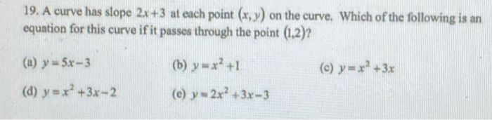 Solved 19. A curve has slope 2x+3 at each point (x, y) on | Chegg.com