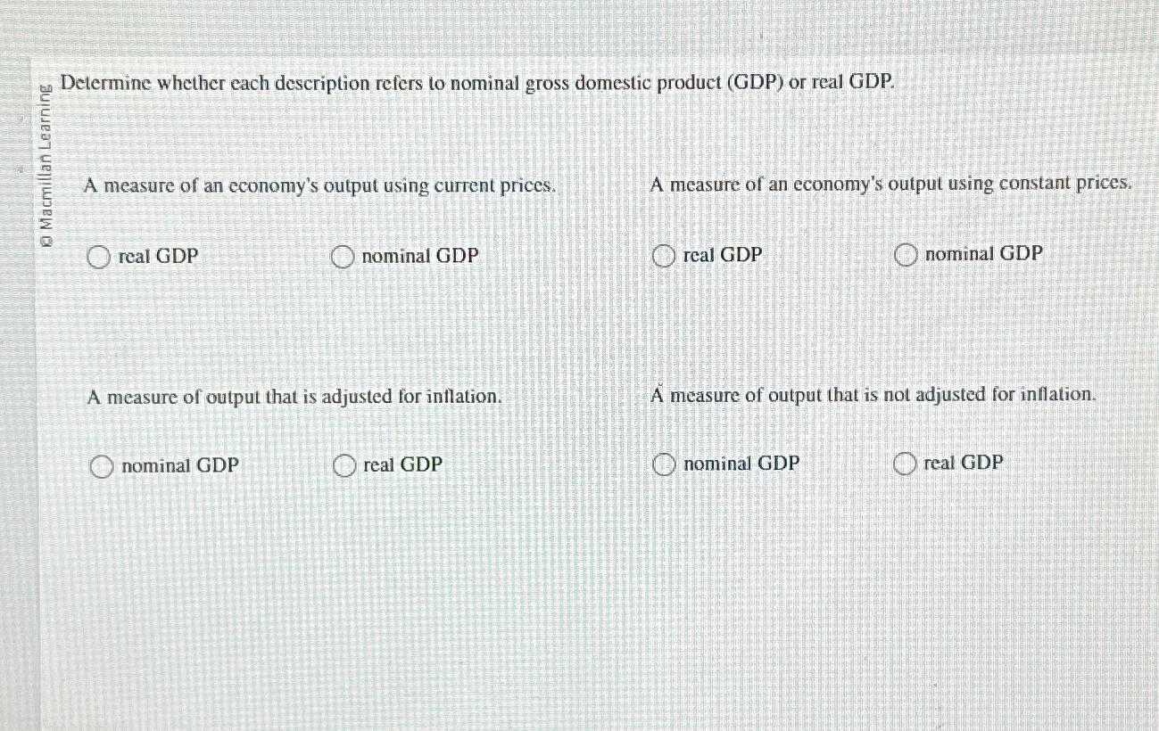 Solved Determine whether each description refers to nominal | Chegg.com