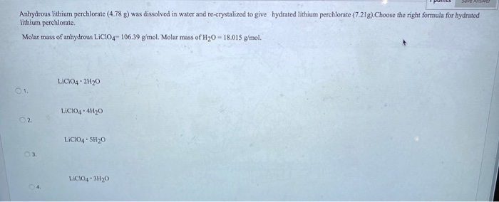 Solved Anhydrous lithium perchlorate (4.78 g) was dissolved | Chegg.com