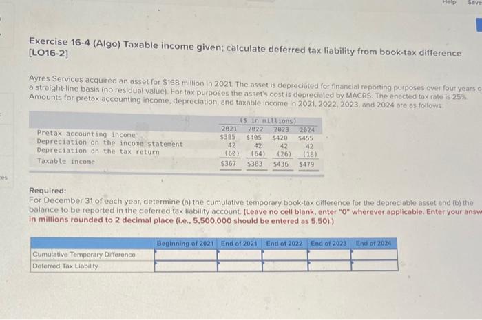 Exercise 16.4 (Algo) Taxable income given; calculate | Chegg.com