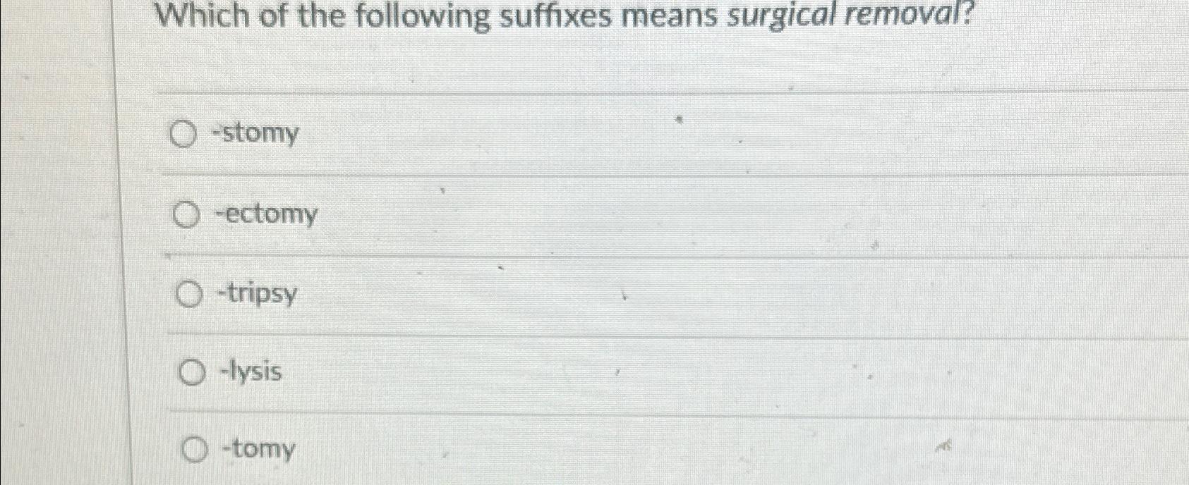 Solved Which of the following suffixes means surgical | Chegg.com