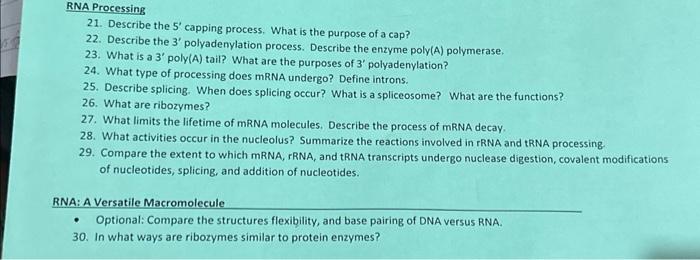 Solved RNA Processing 21. Describe the 5′ capping process. | Chegg.com