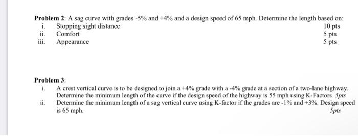 Solved Problem 2: A sag curve with grades −5% and +4% and a | Chegg.com