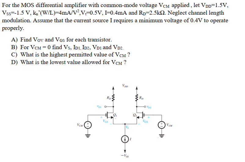 Solved For the MOS differential amplifier with common-mode | Chegg.com
