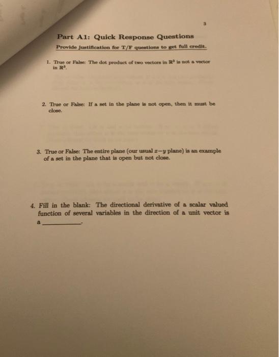 Solved Part A1: Quick Response Questions Provide | Chegg.com