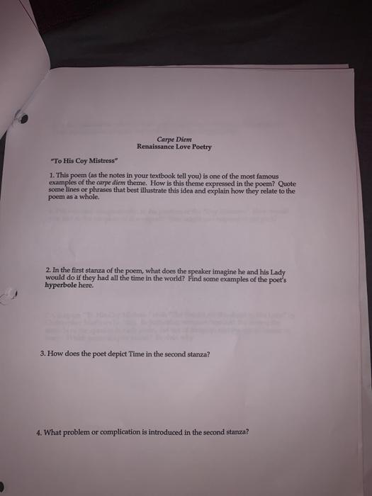 Carpe Diem Renaissance Love Poetry "To His Coy | Chegg.com