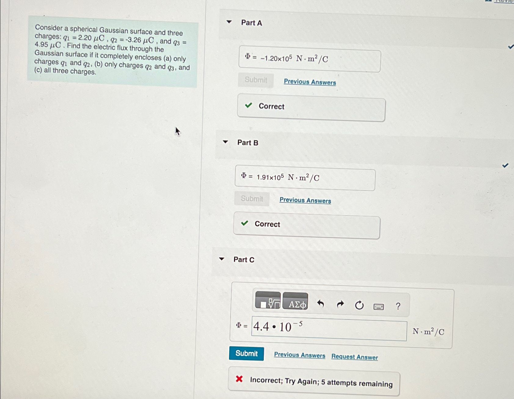 Solved Consider a spherical Gaussian surface and three | Chegg.com