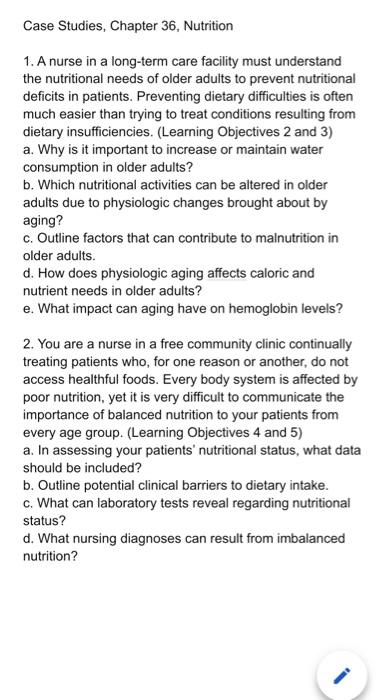 Solved Case Studies, Chapter 36, Nutrition 1. A nurse in a | Chegg.com