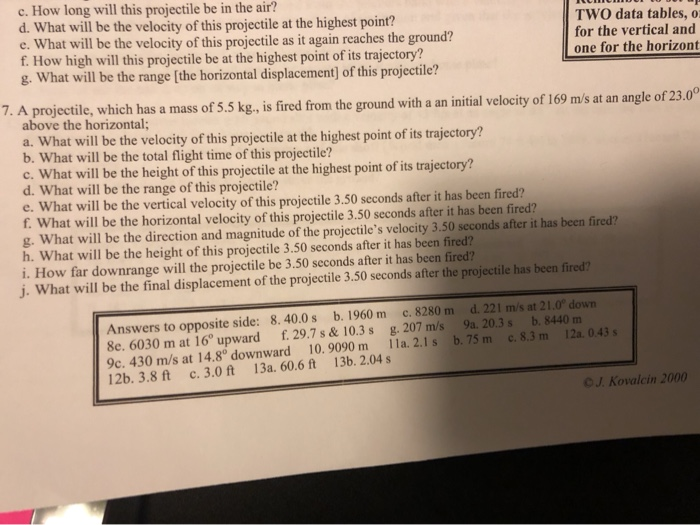 Solved KINEMATIC TWO DIMENSIONAL PROJECTILES Remember that | Chegg.com