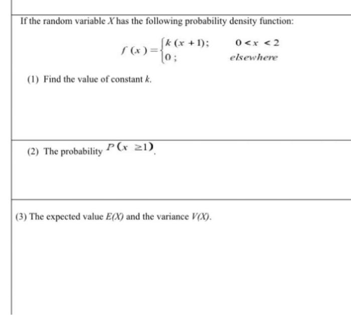 Solved If the random variable X has the following | Chegg.com