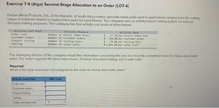 Solved Exercise 7-9 (Algo) Second-Stage Allocation to an | Chegg.com
