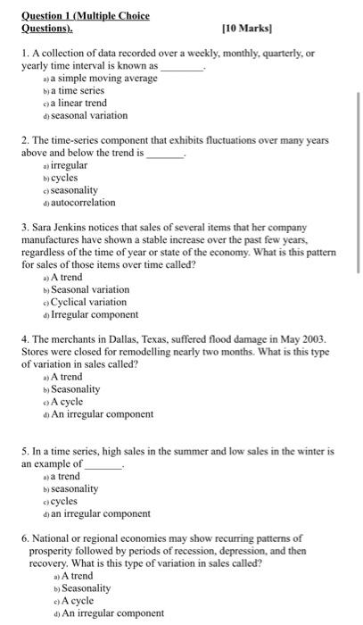 Solved Question 1 (Multiple Choice Questions). [10 Marks 1. | Chegg.com
