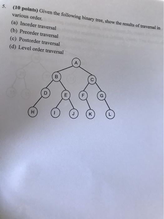 Solved 5. (10 points) Given the following binary tree, show | Chegg.com