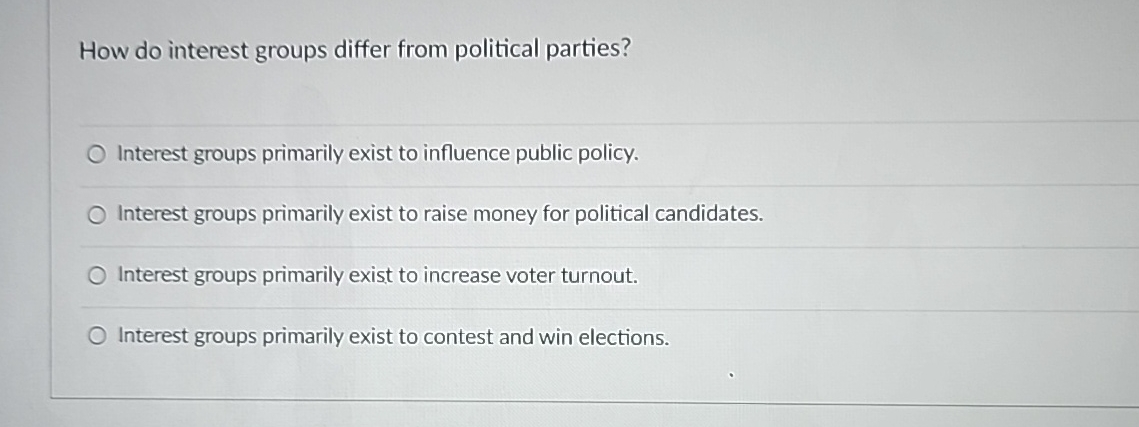 Solved How do interest groups differ from political | Chegg.com