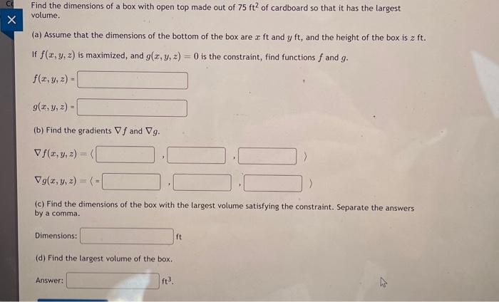 Find the dimensions of a box with open top made out | Chegg.com