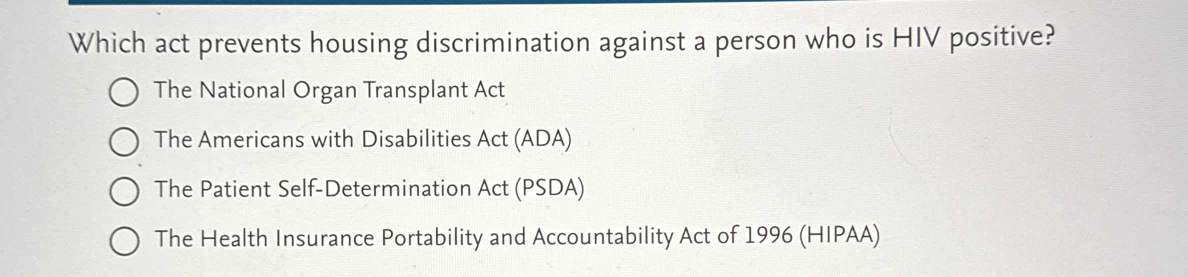 Solved Which act prevents housing discrimination against a | Chegg.com
