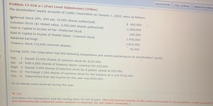 Solved CALCULATOR FULL SCREEN PRINTER VERSI Problem 13-03A | Chegg.com