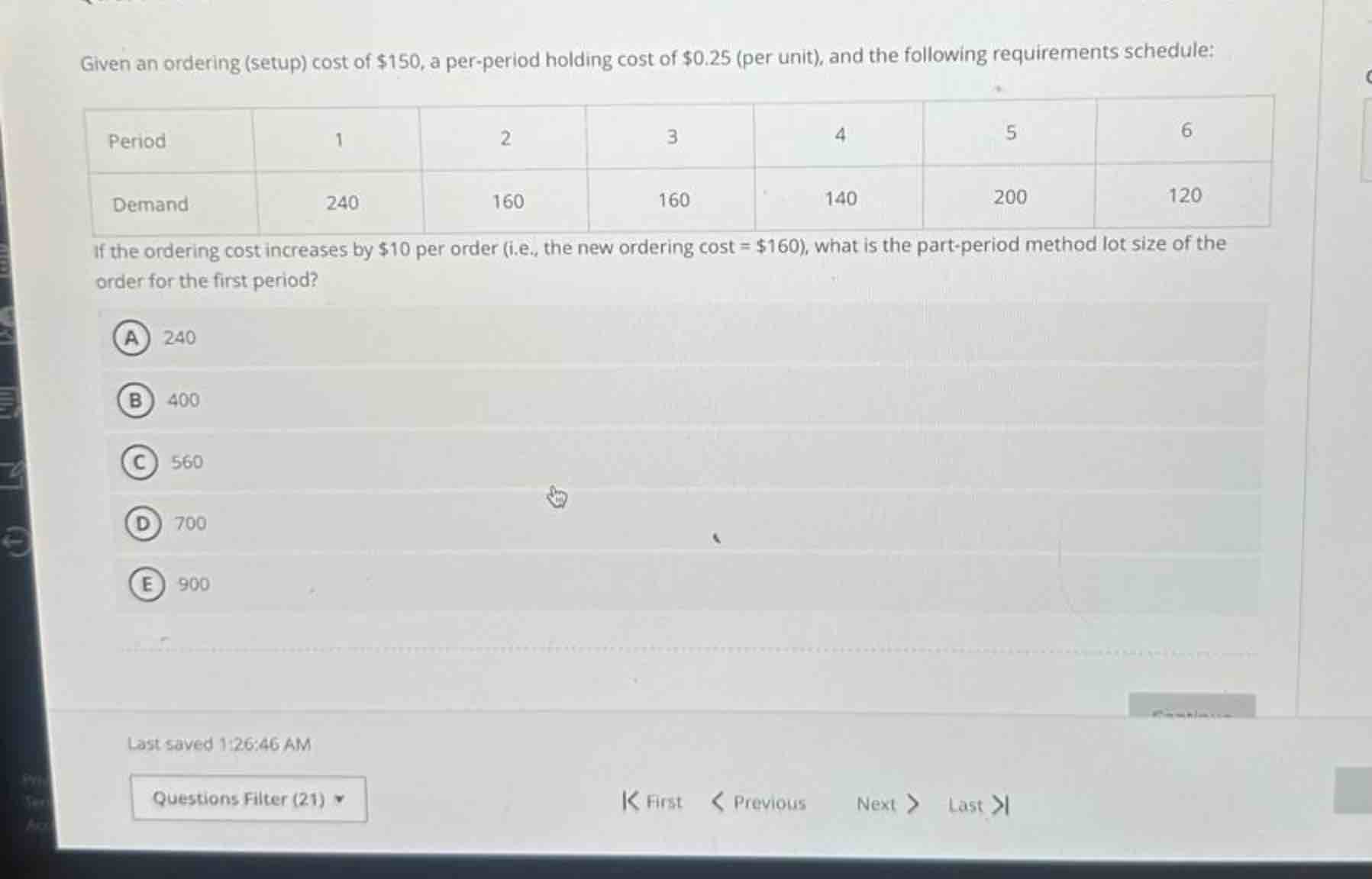 Solved Given an ordering (setup) ﻿cost of \( \$ 150 \), ﻿a | Chegg.com