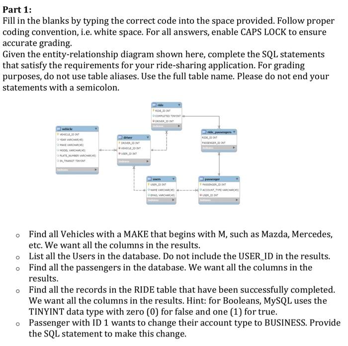 Part 1: Fill in the blanks by typing the correct code | Chegg.com