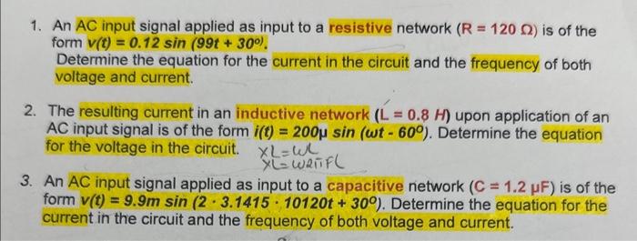 Solved 1. An AC input signal applied as input to a resistive | Chegg.com