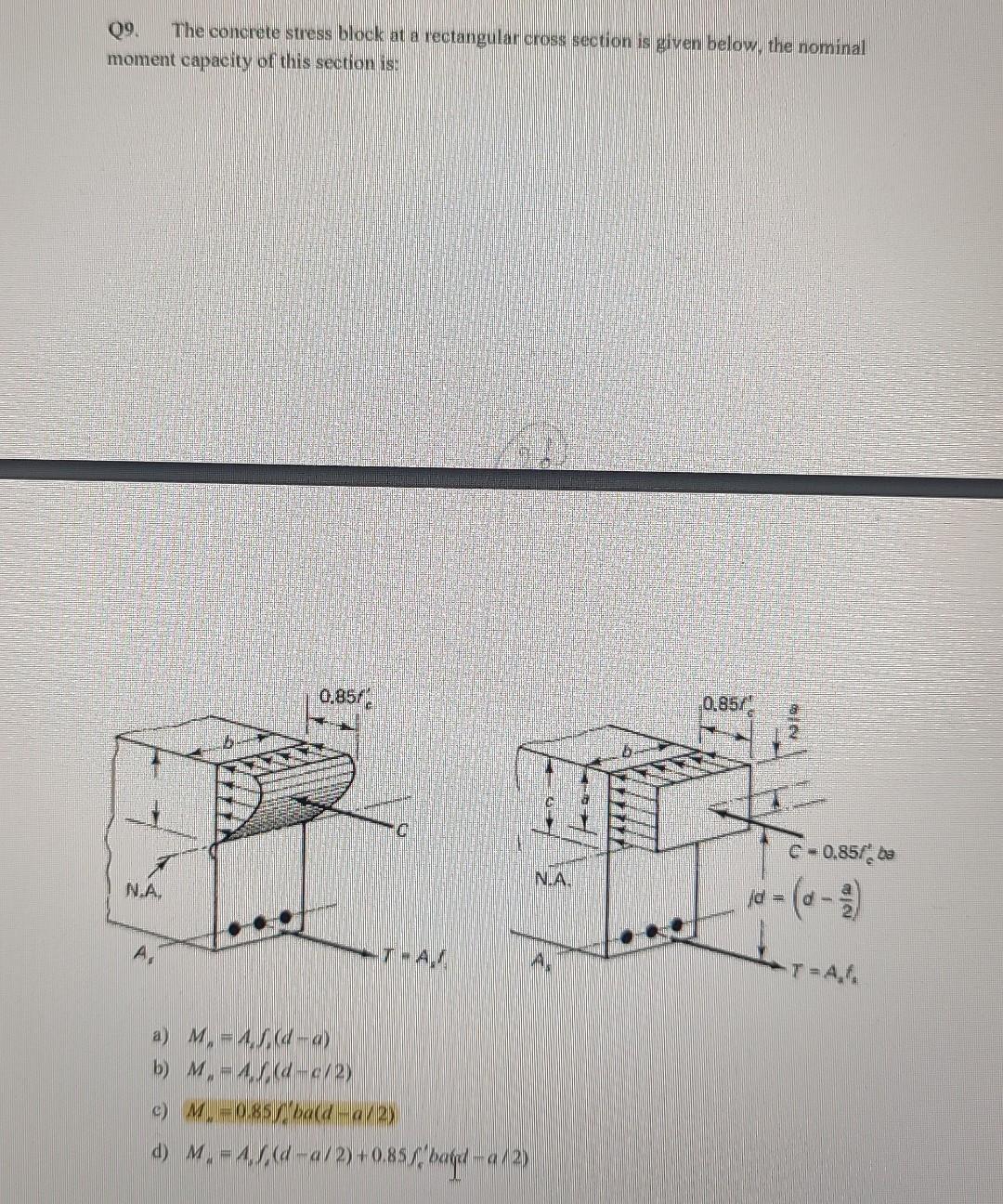 Solved Q9. The concrete stress block at a rectangular cross | Chegg.com