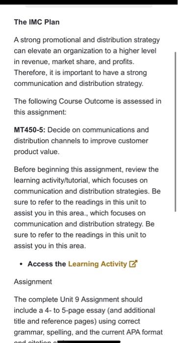 Solved The IMC Plan A strong promotional and distribution | Chegg.com