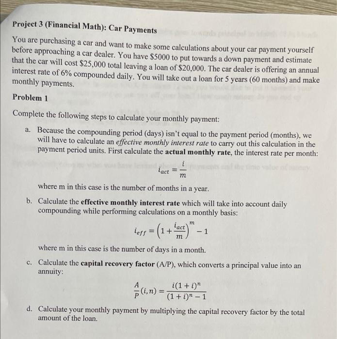 Project 3 (Financial Math): Car Payments You are | Chegg.com