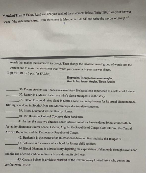 Modified True of False. Read and analyze each of the | Chegg.com