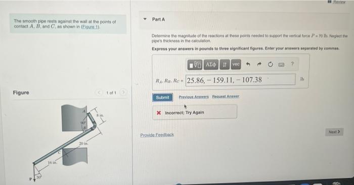 Solved The smooth pipe rests against the wall at the points | Chegg.com