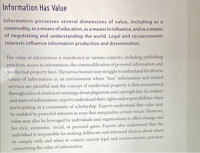 Information Has Value Information possesses several | Chegg.com