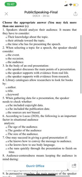 Solved 15:47 X Х Public Speaking-Final DOCX - 28 ko Choose | Chegg.com
