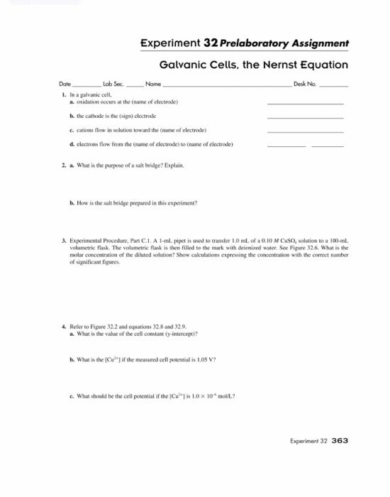 Solved Experiment 32 Prelaboratory Assignment Galvanic | Chegg.com