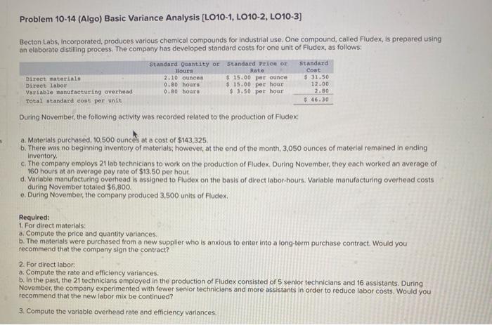 Solved Problem 10-14 (Algo) Basic Variance Analysis [LO10-1, | Chegg.com Solved Problem 10-14 (Algo) Basic Variance Analysis [LO10-1, | Chegg.com